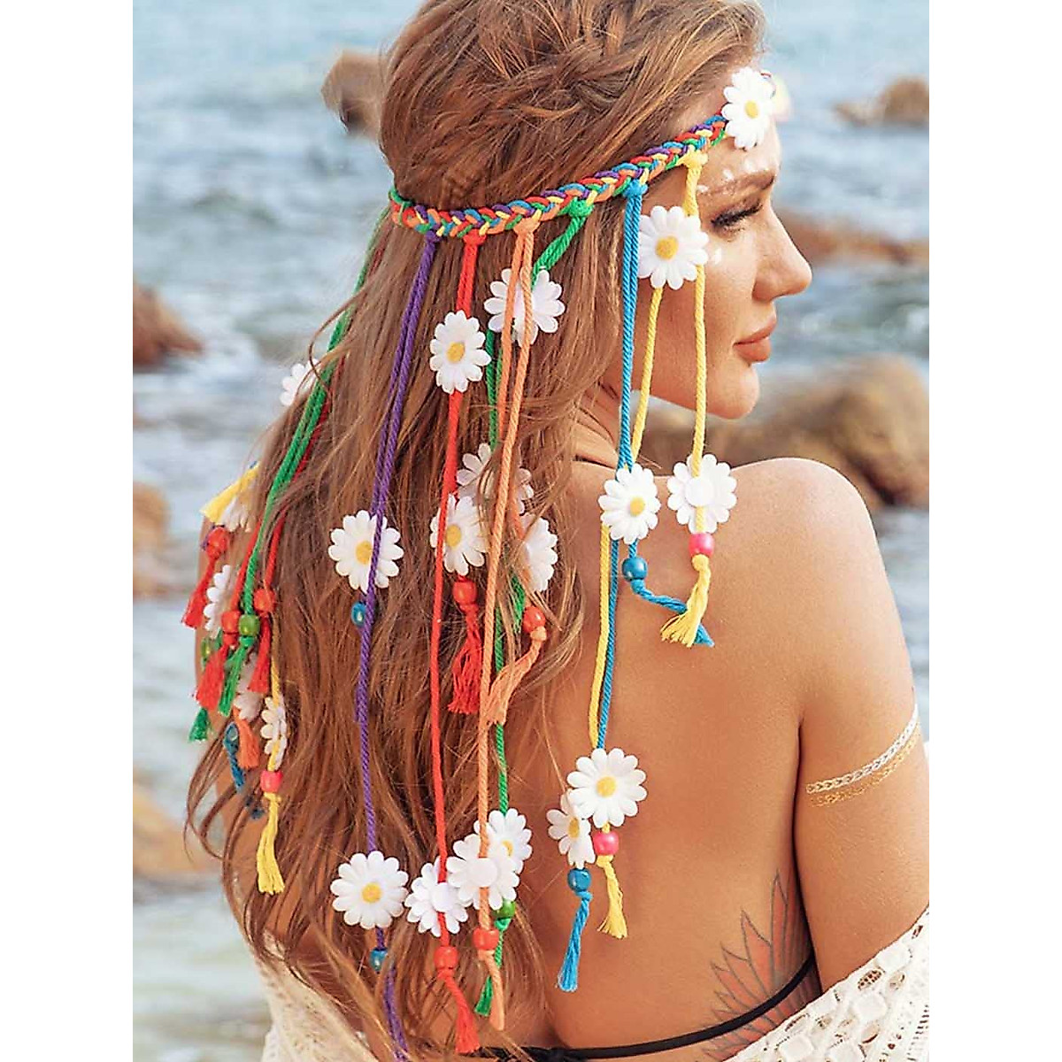 GENBREE Boho Daisy Headband Rainbow Braided Headpiece Summer Beach Tassel Hairband Floral Hippie Hair Accessories for Women and Girls (Multi-colored)