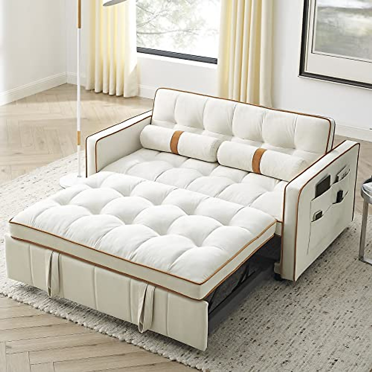 LKTART Modern 55.5'' Pull Out Sleeper Sofa Bed Loveseats Velvet Couch Adjustable Backrest Lumbar Pillows Side Pockets Living Room Apartment Beige