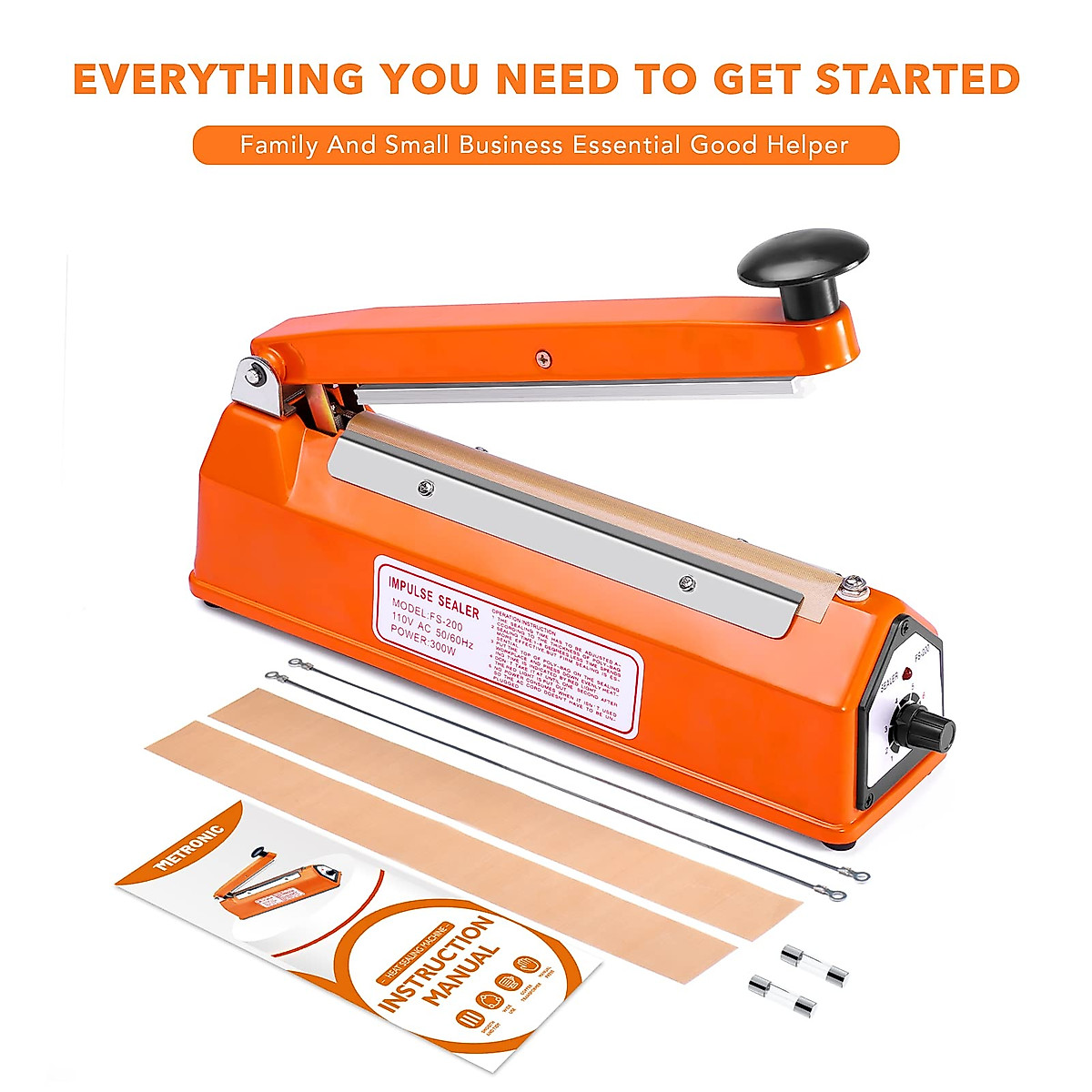 Metronic 8 inch Impulse Bag Sealer Poly Bag Sealing Machine Heat Seal Closer with Repair Kit in Orange