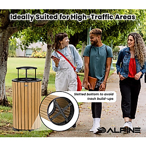 Alpine 32 Gallon Commercial Outdoor Trash Can - Heavy Duty Garbage Can Outdoor, Industrial Trash Can with Plastic Panels for Patio, Parks, Trails & Resorts (Rain Bonnet Lid - Cedar)