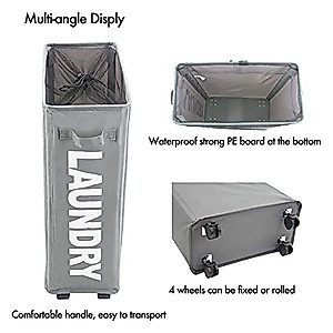 Mziart 22" Rolling Laundry Baskets on Wheels, Collapsible Slim Laundry Hamper Canvas Flexible Laundry Bag Storage Bin Organizer Dirty Clothes Sorter for Laundry Room Organization and Storage (Grey)