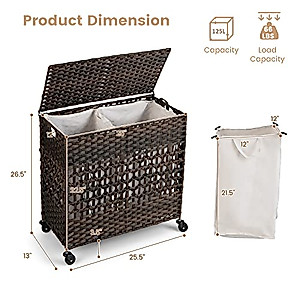 Giantex Laundry Hamper with Wheels and Lid, 33 Gal (125L) Wicker Laundry Basket, 2 Removable Liner Bags, Handles and Pulling Strap, Synthetic Rattan Laundry Hamper Clothes Storage Organizer (Brown)