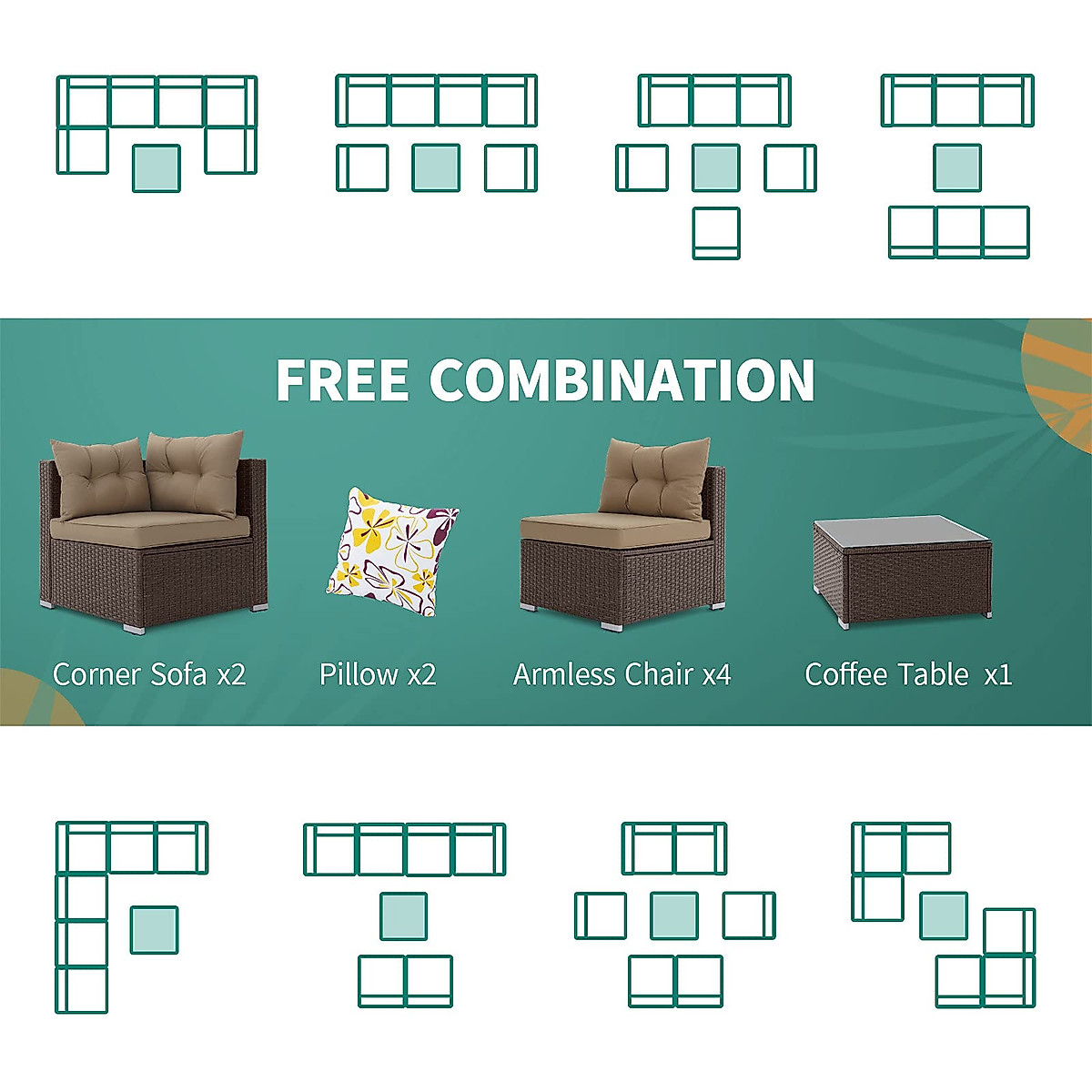 YITAHOME 7 Pieces Patio Furniture Set, All-Weather PE Rattan Conversation Set, Outdoor Sectional Sofa Wicker Outside Couch with Table for Porch Lawn Garden Backyard (Brown)