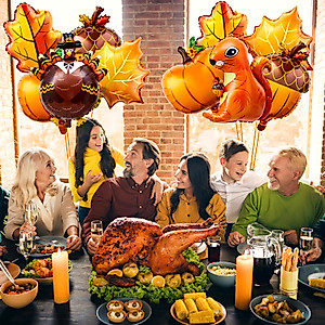 Gemscream 18 Pcs Thanksgiving Foil Balloons Set Large Happy Fall Balloons Maple Leaf Pine Cones Pumpkin Leaf Turkey Squirrel Thanksgiving Balloons for Autumn Theme Festival Party Supplies