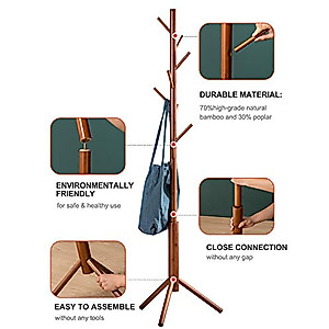 BMOSU Bamboo Coat Rack Freestanding Stand Tree Adjustable Coat with 3 Sections 8 Hooks Easy to Assemble Standing Coat Jackets Hanger for Bedroom Office Hallway Entryway Brown
