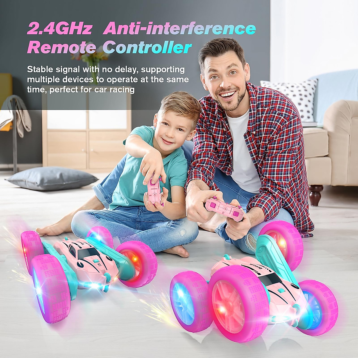 Remote Control Car, Hand Remote RC Cars, 90 Min Playtime, 2.4Ghz Double Sided 360° Rotating RC Crawler with Lights, 4WD Off Road Drift RC Stunt Race Car Gift Toy for Boys and Girls Aged 6-12 Pink