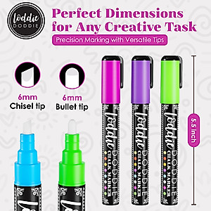 Loddie Doddie Liquid Chalk Markers | Dust Free Chalk Pens - Perfect for Chalkboards, Blackboards, Windows and Glass | 6mm Reversible Bullet & Chisel Tip Erasable Ink (Pack of 24)