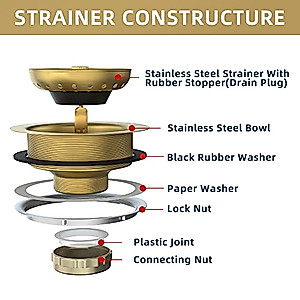 EXAKEY Kitchen Sink Drain Assembly Gold Sink Drain Strainer with Fixed Post 3-1/2 Inch Kitchen Drain with Strainer Basket and Drain Stopper for Standard Kitchen Sink Stainless Steel Brushed Gold