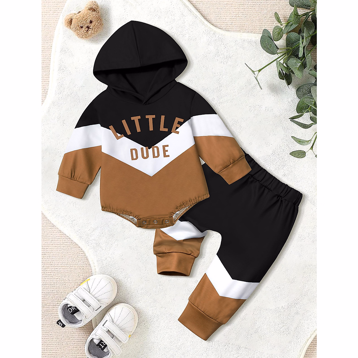 AGAPENG Baby Boy Clothes 3-6 Months Color Block Hoodie Sweatsuit Oversized Sweatshirt Onesie Romper Long Pants Fall Baby Boy Clothes Baby Boy Winter Clothes Thanksgiving Outfit Brown