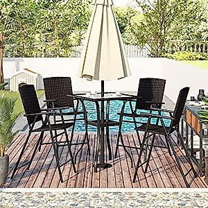 GLANZEND 5-Piece Outdoor Patio Conversation Dining Set with Umbrella Hole Including 4 PE Wicker Arm Chairs and Squre Glass-Table for Garden, Poolside, Backyard, Lawn, Brown