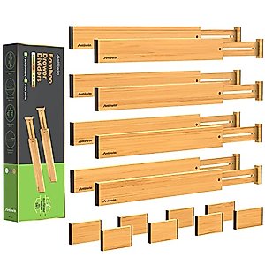ANTOWIN Bamboo Drawer Dividers Organizers 16pcs, Expandable Drawer Separators Splitter, 17-22 inches Long Adjustable Spring-loaded Organizer for Large Utensil, Clothes, Tools Drawers (8+8)