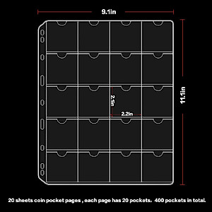 500 Cardboard Coin Holder for Collectors with 25 Sheets Coin Pocket Pages, 500 Pockets Coin Collecting Book Sleeves Protectors Storage and 10 Size 2" x 2" Currency Holders for Coin Collection Supplies