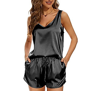 MOYEE Women Silk Pajama Set Soft Satin V Neck Tank Top and Shorts 2 Piece lounge Sets with Pockets(Black, Large)