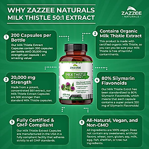 Zazzee Organic Milk Thistle 50:1 Extract, 20,000 mg Strength, 200 Vegan Capsules, 80% Silymarin Flavonoids, Over 6 Month Supply, Standardized and Concentrated 50X Extract, All-Natural and Non-GMO