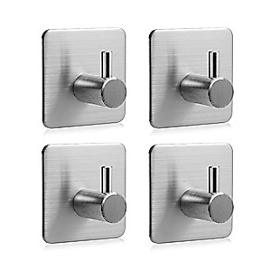 mxtechnic Self Adhesive Hook Stick on Wall 304 Stainless Steel Polished Hanging Clothes Coat Hat Hooks and Strong Heavy Duty Metal Super Power Hooks Storage Organizer (10 Pack) (Hooks Sliver 4 Pack)