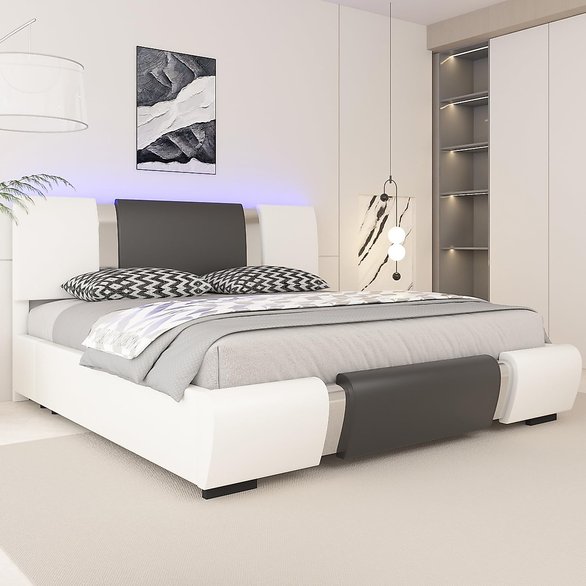 Benevika Modern Low Bed Frame with LED Lights,Faux Leather Full Size Platform Bed with Headboard, Strong Wooden Slats Support, No Box Spring Needed, White & Black