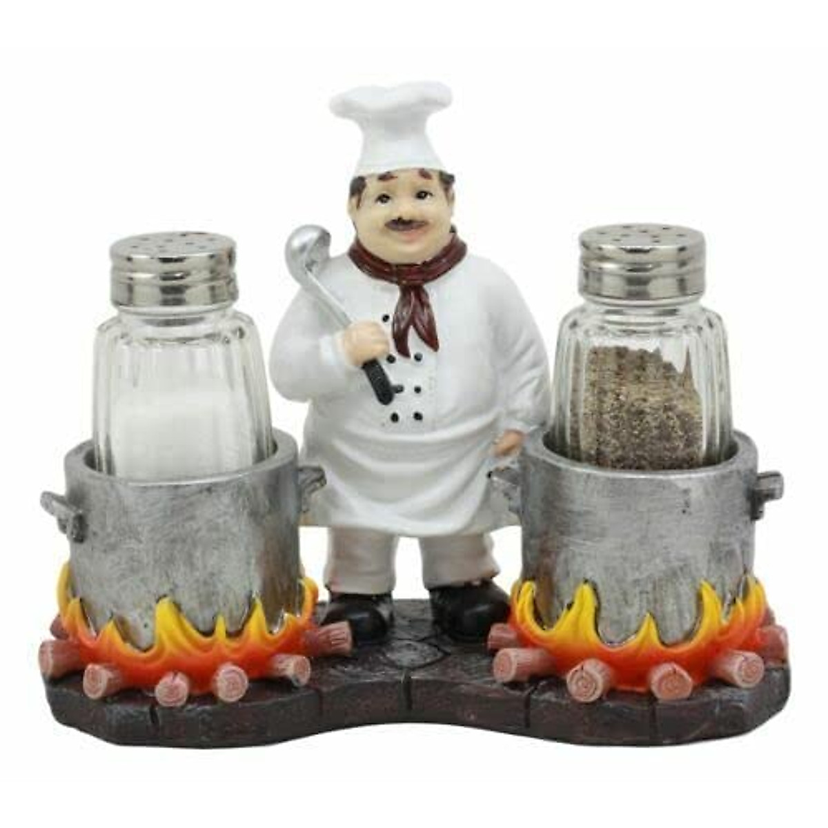 Set Of 1 Standing Chef With Flaming Pots Salt And Pepper Shakers