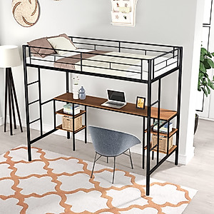 Metal Twin Loft Desk & Shelves/Metal Twin Loft Bed with Desk and Storage Shelves, Space-Saving Bed Frame with 2 Side Ladders and Safety Guard Rails for Kids Teens Adults,No Box Spring Needed