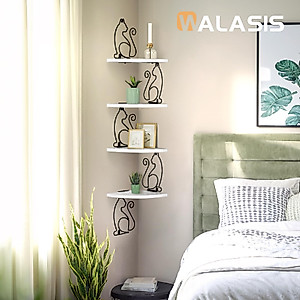 Walasis Corner Floating Shelves 4-Tier- Cute Wall Corner Shelves for Storage Wood Wire Cat Decorations for Bedroom