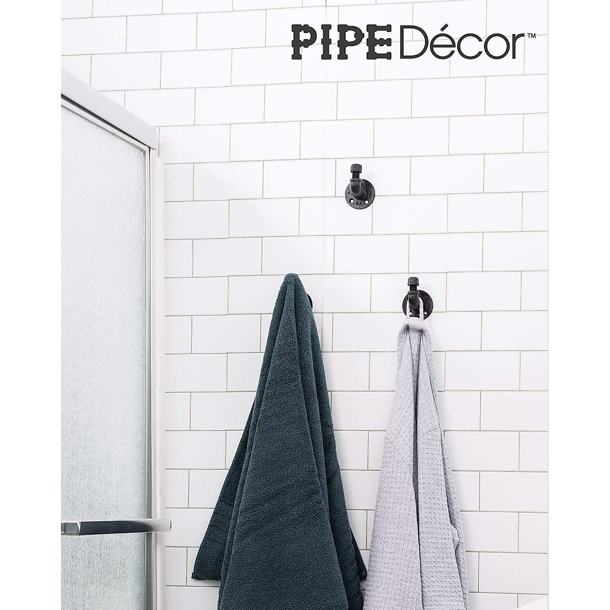 Towel and Robe Hook Set by Pipe Decor, Heavy Duty DIY Style, Rustic and Chic Industrial Iron Pipe Electroplated Black Finish, 3 Hooks Perfect for Bathroom Towels, Robes, or Coats, Oil and Rust Free