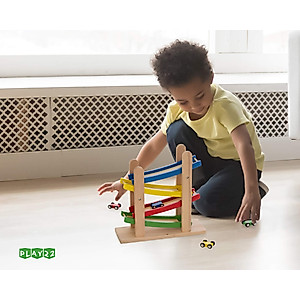 Play22 Wooden Car Ramps Race - 4 Level Toy Car Ramp Race Track includes 4 Wooden Toy Cars - My First Baby Toys - Toddler Race Car Ramp Toy Set is A Great Gift for Boys and Girls - Original by Play22