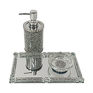 Set of 3 Crushed Diamonds Crystal Bathroom Accessories Sets, Hand Soap Dispenser Lotion Dispenser, Soap Dish and Mirrored Tray Set, Vanity Countertop Organization Sets, Bathroom Accessories Decor
