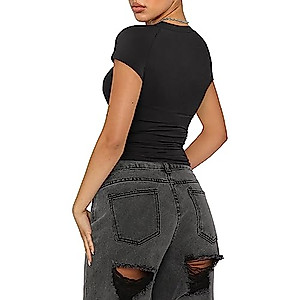 REORIA Women's Summer Casual Basic Mock Neck Short Sleeve Double Lined Going Out Trendy Y2K T Shirts Crop Tops Black X-Large