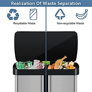 16 Gallon/ 60L Kitchen Dual Step Trash Can Garbage Bin 2-Compartment Stainless Steel Step Trash Bin Large Classified Brushed Trash Can Rubbish Recycling Bin with Lid & Removable Inner Buckets, Silver