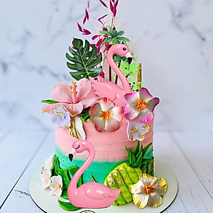 Flamingo Cake Toppers Artificial Flower Palm Leaves Cake Decoration for Birthday Summer Tropical Hawaiian Themed Party Supplies (Two Flamingo)