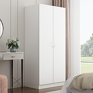 ECACAD Wardrobe Armoire with 5 Shelves, Hanging Rod & 2 Doors, Wooden Closet Storage Cabinet for Bedroom, White (31.5”W x 19.1”D x 70.9”H)