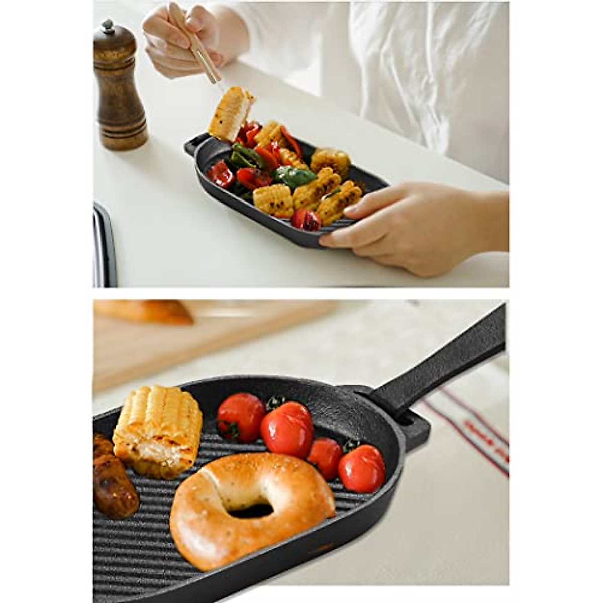 Cast Iron Grill Plate Oval,Cast Iron Cookware with Removable Handle,Cast Iron Steak Plate Sizzle Griddle,Pre-Seasoned Cast Iron Oven Grilling Pan