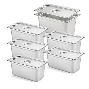 CURTA 6 Pack Anti-Jam Slotted Hotel Pans with Lids, 1/3 Size 2 1/2 Inch Deep, NSF Commercial 18/8 Stainless Steel Chafing Steam Table Food Pan with Covers