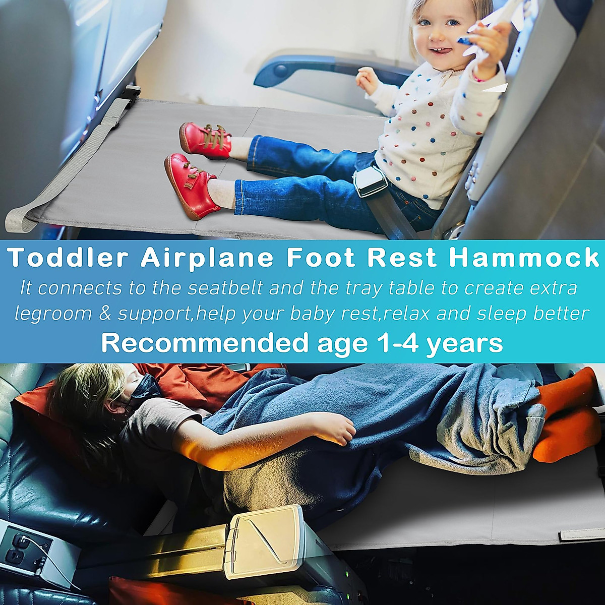 JEXYRON Airplane Bed for Toddler, Airplane Travel Bed Seat Extender with Magnetic Folding Puzzle, Airplane Leg Rest for Kids to Lie Down, Baby Travel Essentials for Flying Sleeping,Grey