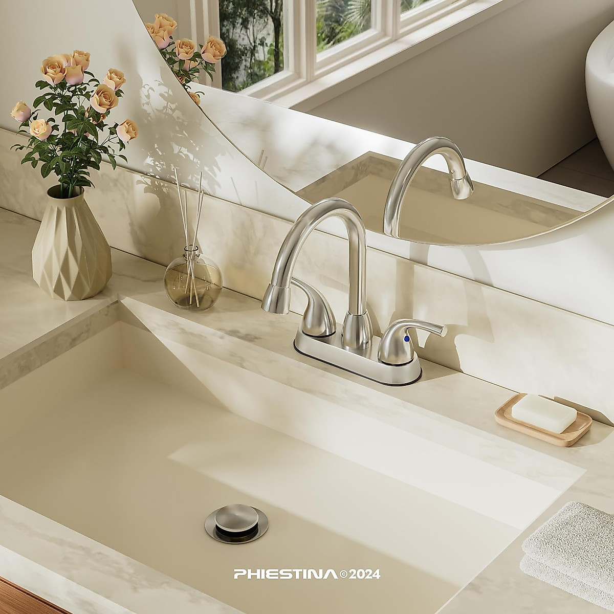 Phiestina Pull Down Sprayer Chrome 4 Inch Bathroom Faucet，3 Hole Centerset Pull Out Bathroom Sink Faucet，with 360 Swivel Spout，Metal Pop-Up Drain and Water Supply Lines，BF04007-B11-C