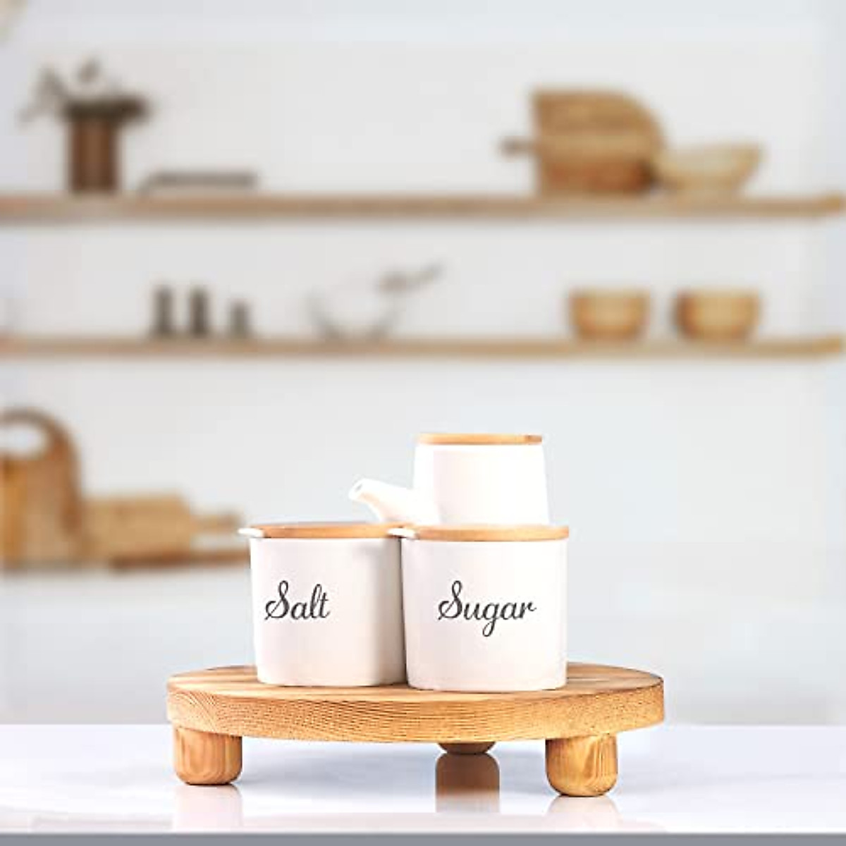 HULISEN Wood Risers for Decor, 10 Inch Round Wooden Pedestal Stand for Indoor Plant Pot Riser, Set of 2 Farmhouse Rustic Decorative Display Tray for Kitchen Counter and Bathroom Table (Natural)