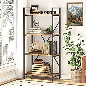 BON AUGURE Industrial 4 Tier Bookshelf, Modern Open Etagere Bookcase, Heavy Duty Book Shelves, Wood Metal Shelving Unit for Living Room, Bedroom and Office (Vintage Oak)