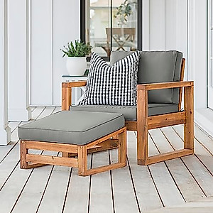 Walker Edison Sorrento Modern Acacia Wood Outdoor Side Chair and Ottoman Set with Cushions, 32 Inch, Brown