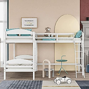 STP-Y Twin Over Twin Bunk Bed with 2 Ladders, Twin L-Shaped Bunk Bed and Loft Bed with Full-Length Guardrail, 3 Solid Wooded Bed Frames for Kids (White)