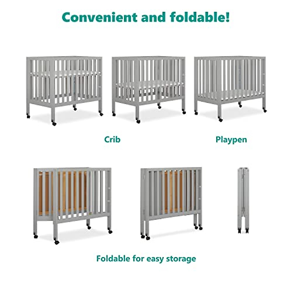 Dream On Me Jett Non-Full Sze Foldng CRB n Pebble Grey Removeable Wheels Adjustable Mattress Support Patent Foldng System 1" Mattress Pad ncluded