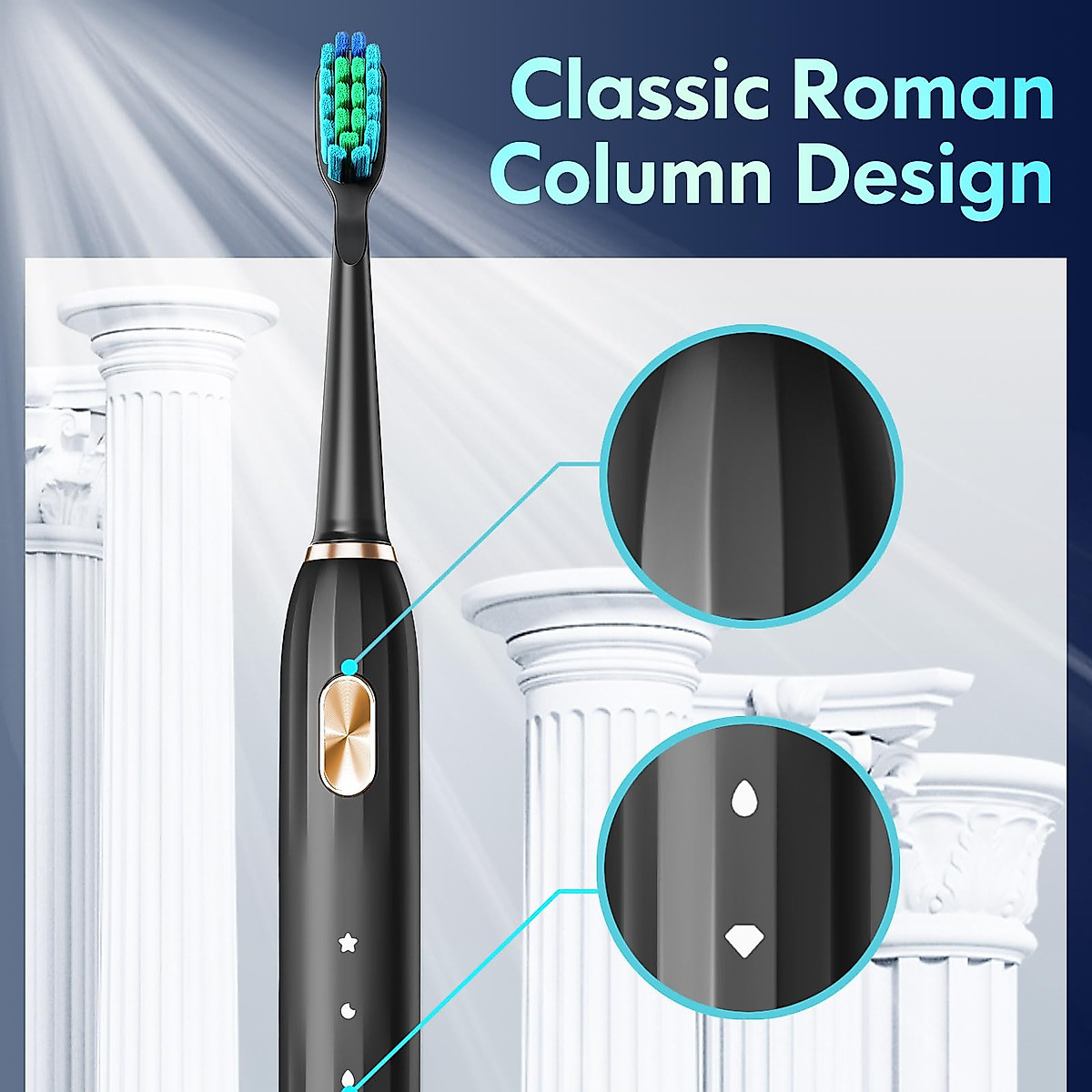 DADA-TECH Electric Toothbrush for Adults and Kids, Sonic Toothbrush Rechargeable with 9 Brush Heads, 5 Modes and 2 Minutes Smart Timer, 4Hours Charge for 60 Days, Roman Column Handle (Black)