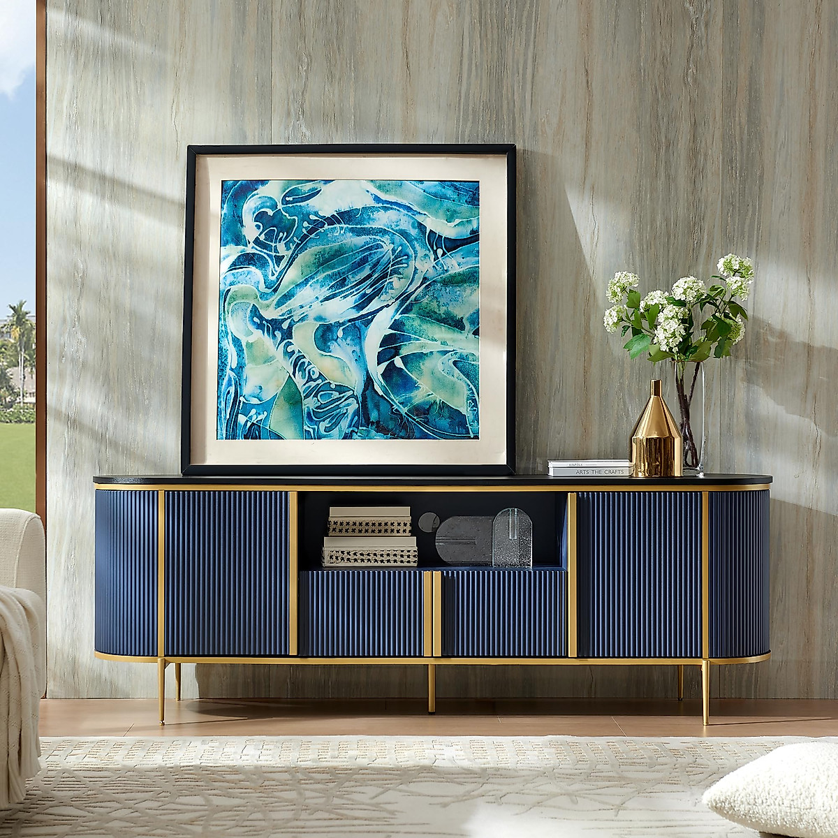 OKD Luxury 70" Fluted TV Stand, Modern Entertainment Center for TVs Up to 80 inches, TV Console with Faux Marble Top, Curved Profile Design, Media Console for Living Room, Blue