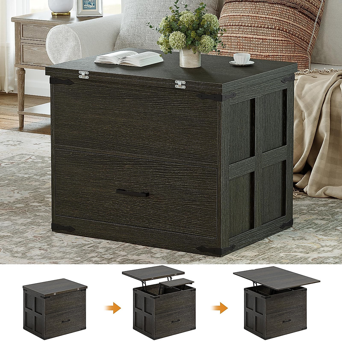 FABATO Lift Top Coffee Table, Farmhouse Coffee Table, Convertible Coffee Table with Storage and Drawer, Multifunctional Center Table Converts to Dining Game Table for Living Room, Dark Gray