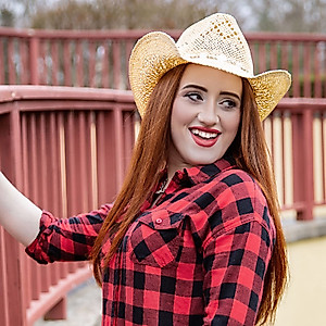 TOVOSO Western Cowgirl, Straw Cowboy Hat for Women with Shapeable Brim, Beaded Hearts Trim, Beige
