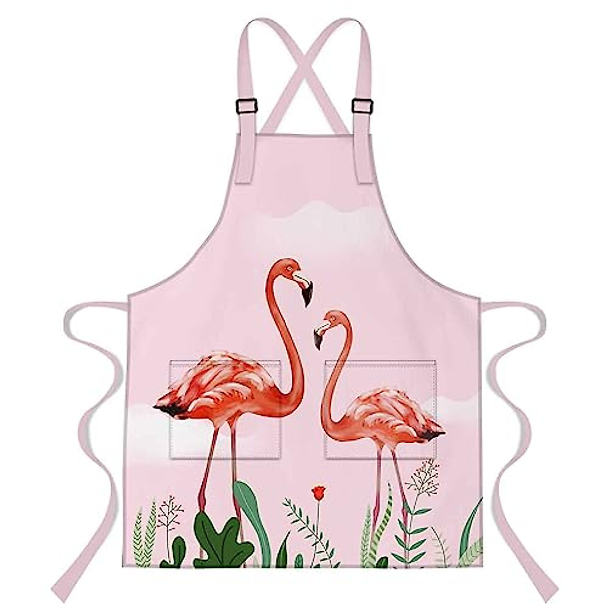 LshyMn Flamingo Apron 33.4x27.5 Inches Plant Leaves Palm Leaves Wild Animals Pattern Printed Bib Apron for Home Kitchen Cooking Chef Apron WQXTMN88