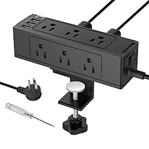 Desk Clamp Power Strip with USB C, Desk Surge Protector Power Strip with 9 AC Plugs 4 USB Ports, Desktop Edge Mount Outlets Charging Station, 6 FT Flat Plug, Removable Clamp Power Strip