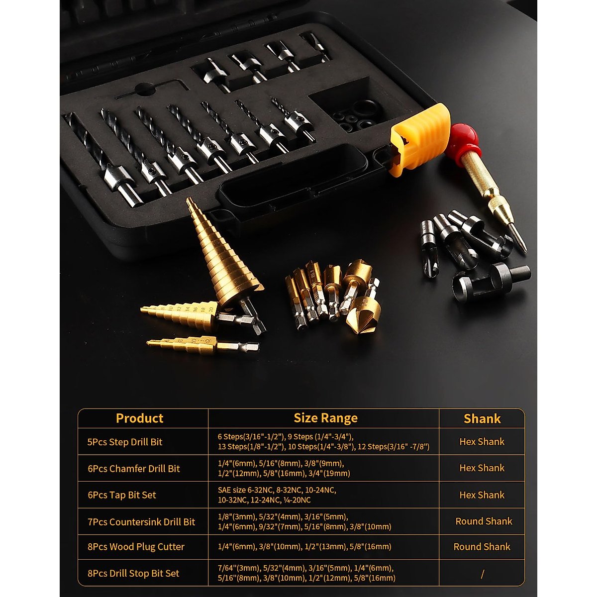 ZORUNNA 34 Pcs Woodworking Chamfer Drilling Tools Including 6 Countersink Drill Bit Set, 7 Countersink Drill Bit, 8 Plug Cutters for Woodworking, 3 Step Drill Bit and 8 Drill Stop Bit Collar Set.