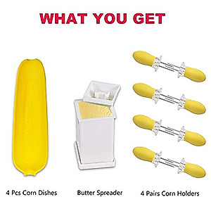 Recoil Corn Cob Holders Skewers BBQ Twin Prong Holders, Corn Dishes and Butter Spreader Set Kits, Includes 8 Corn Cob Holders, 4 Corn Dishes and Butter Spreader