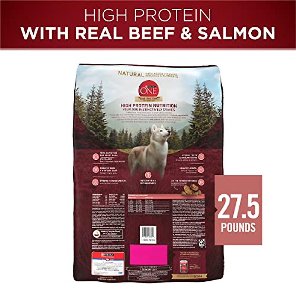 Purina ONE Natural High Protein Dry Dog Food Dry True Instinct with Real Beef and Salmon With Bone Broth and Added Vitamins, Minerals and Nutrients - 27.5 lb. Bag