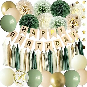 ANSOMO Sage Green Happy Birthday Party Decorations Retro Green Nude Ivory Dark Olive Kraft Paper Banner Balloons Neutral Rustic Boho Blush Safari Botanical Greenery Wild Décor Supplies Women Adults