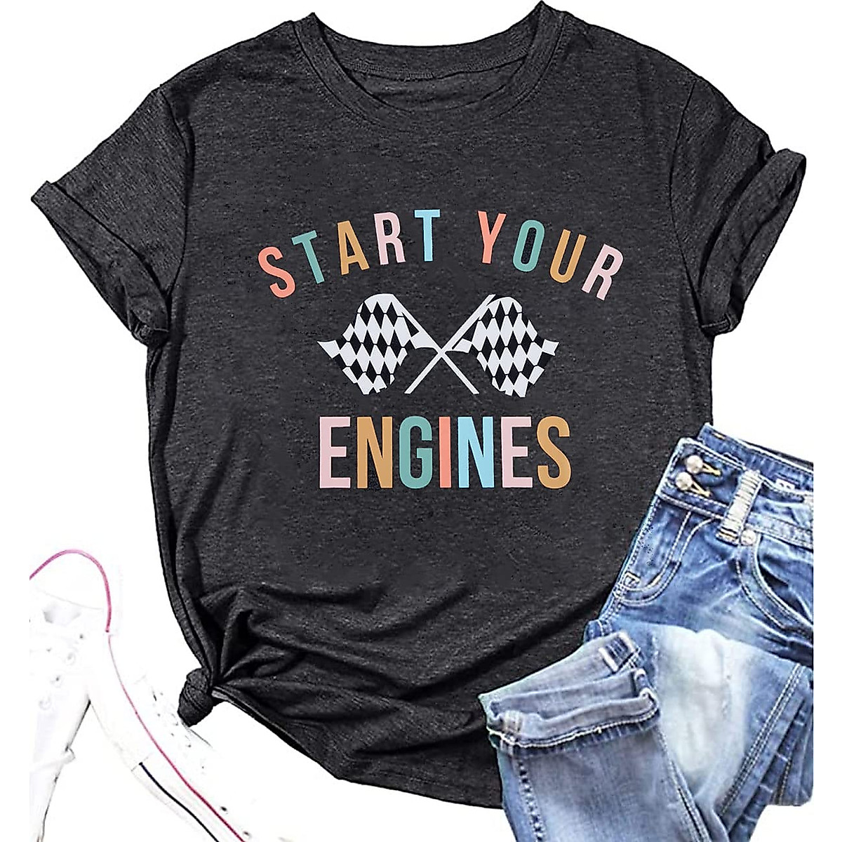 BANGELY Start Your Engines Tshirt Checkered Flag Racing Shirts Raceday Casual Unisex Short Sleeve Tee Tops